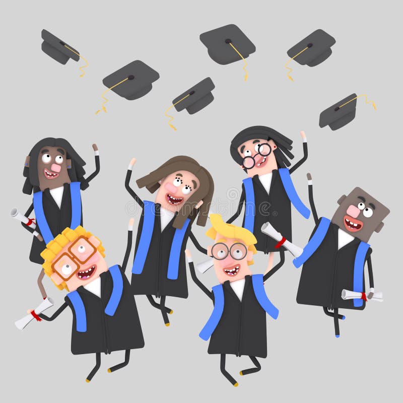 Graduate Students Jumping with Their Caps in the Air Stock Illustration ...