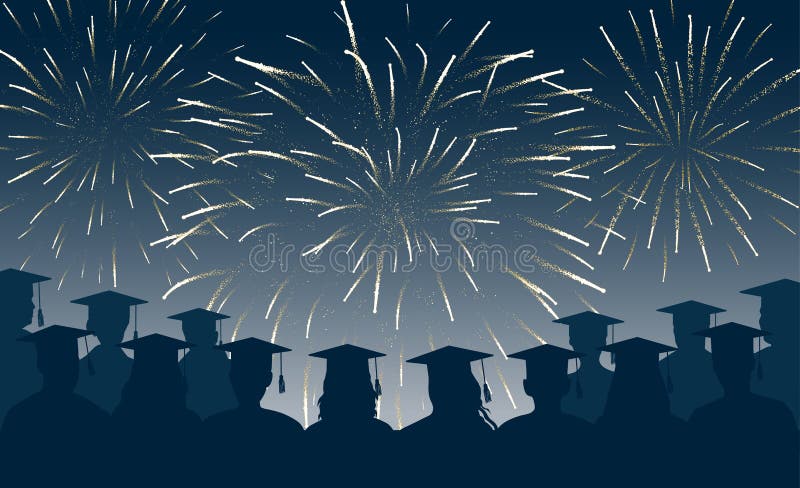 Graduate Students Looking at Fireworks, Silhouette. Vector Illustration ...