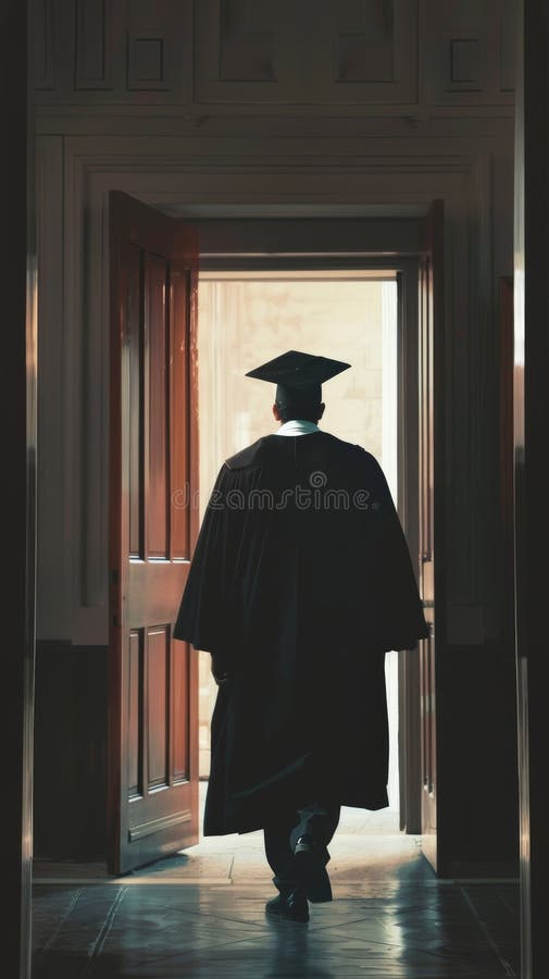 Graduate Walking through Open Door in Dimly Lit Hallway Stock Image ...