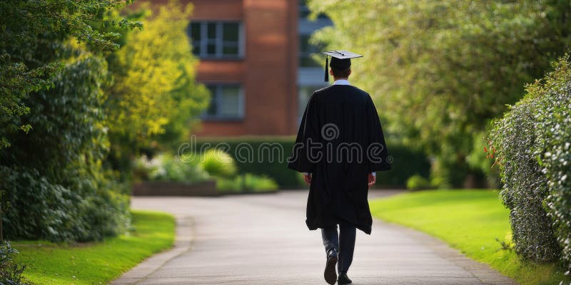 A Graduate Walks Down a Peaceful Path. the Graduation Robe and Cap ...