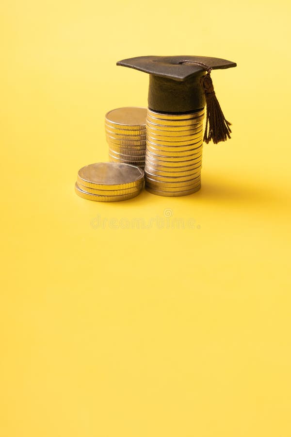 Graduated Cap with Coins on Yellow Background. Savings for Education ...