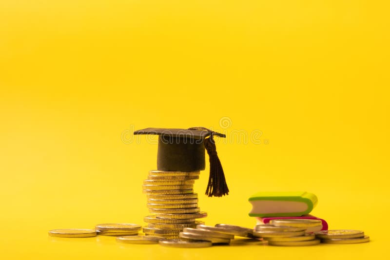 Graduated Cap with Coins on Yellow Background. Savings for Education ...