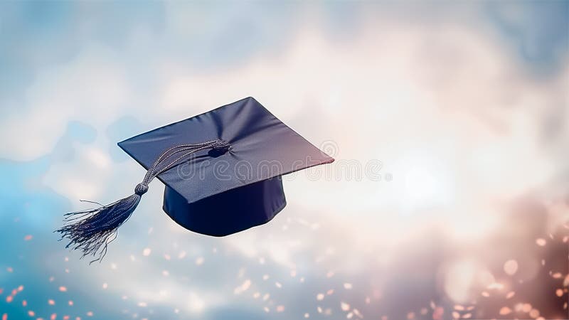 Graduated Hat Flying in Sky with Golden Light, Congratulation Concept ...
