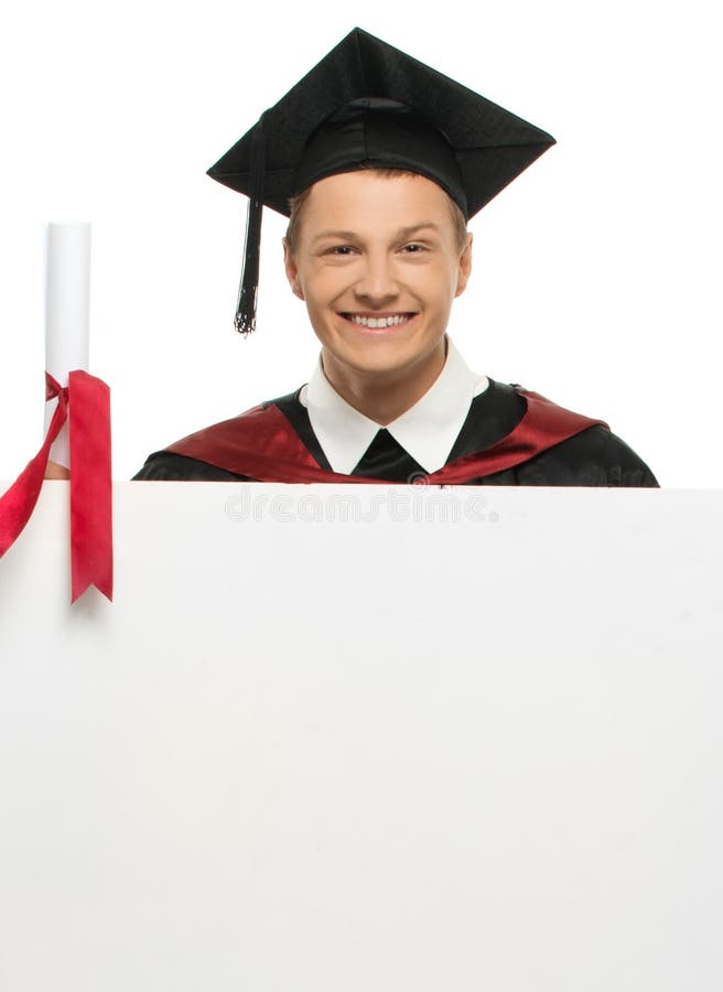 Graduated Student Man with Notice Board Stock Photo - Image of blank ...