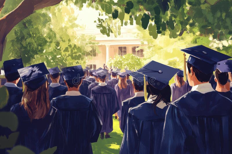 Graduates in Caps and Gowns Facing a Building Stock Illustration ...