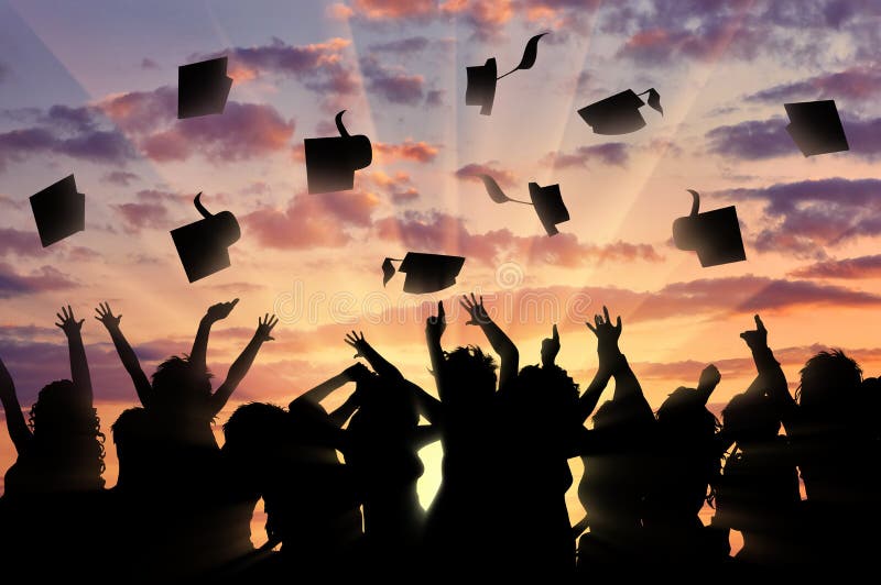 Graduates Sunset Throw Graduate Cap Stock Image - Image of silhouette ...