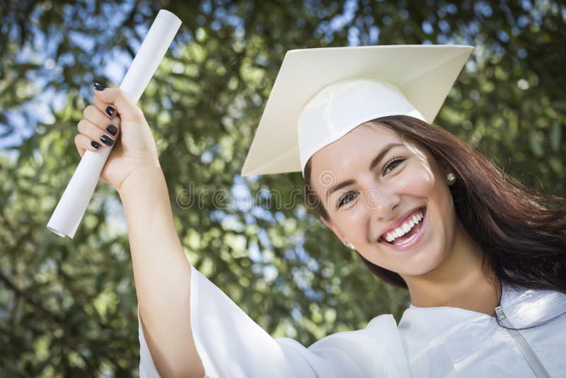 Graduating Mixed Race Girl in Cap and Gown with Diploma Stock Image ...