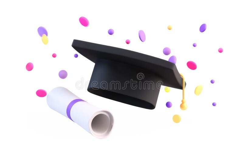 Graduation Badge with Cap, Scroll and Confetti, White Background Stock ...