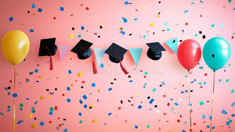 Graduation Banner with Balloons and Confetti on Wall. Stock ...