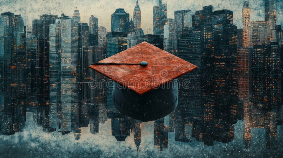 Graduation Cap Above City Skyline Reflection Stock Illustration ...
