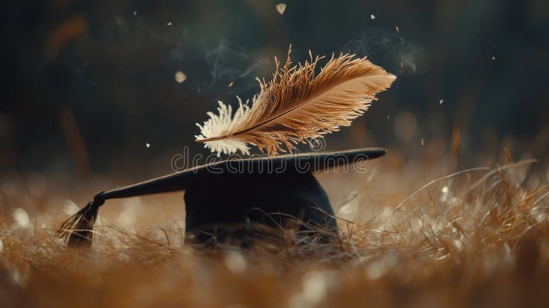 Graduation Cap Adorned with a Feather in Grass Stock Illustration ...