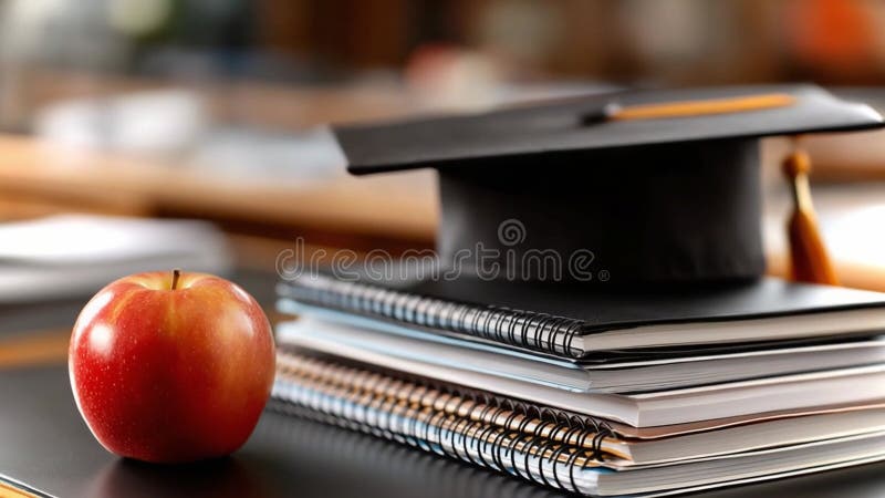 Graduation Cap and Apple with Notebooks in a Learning Environment ...