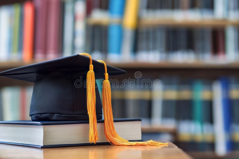 Graduation Cap Atop Book in Library Setting Stock Illustration ...