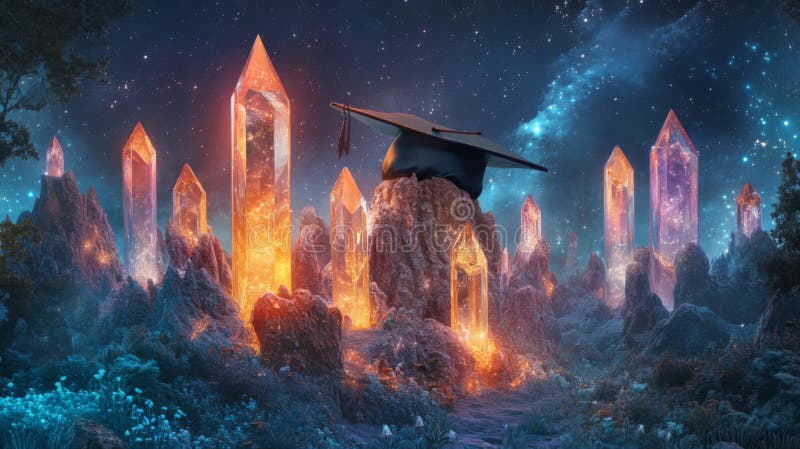 Graduation Cap Atop Glowing Crystal Peaks Under Starry Sky Stock ...