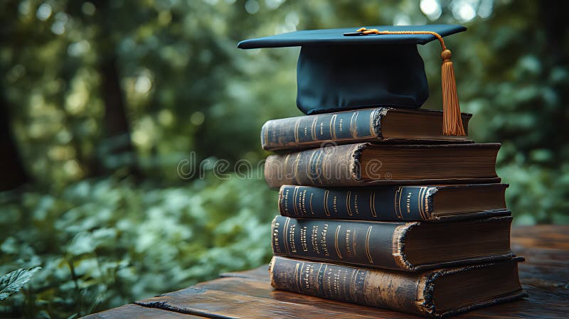 Graduation Cap Atop a Stack of Antique Books Outdoors Stock ...