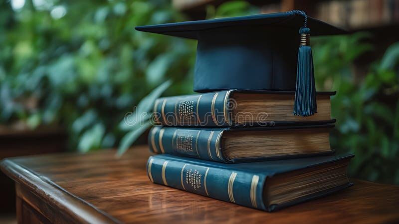 Graduation Cap Atop a Stack of Antique Books on a Wooden Table Stock ...