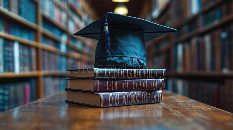 Graduation Cap Atop Stack of Books in Library Stock Illustration ...
