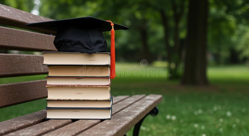 Graduation Cap Atop Stack of Books on Park Bench Stock Illustration ...