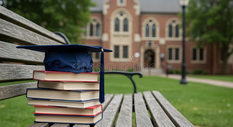 Graduation Cap Atop Stack of Books on a Park Bench, University ...
