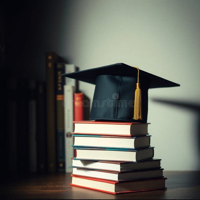 Graduation Cap Atop a Stack of Books, Symbolizing Academic Achievement ...