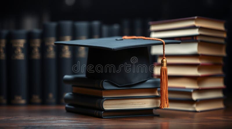 Graduation Cap Atop a Stack of Books, Symbolizing Academic Achievement ...