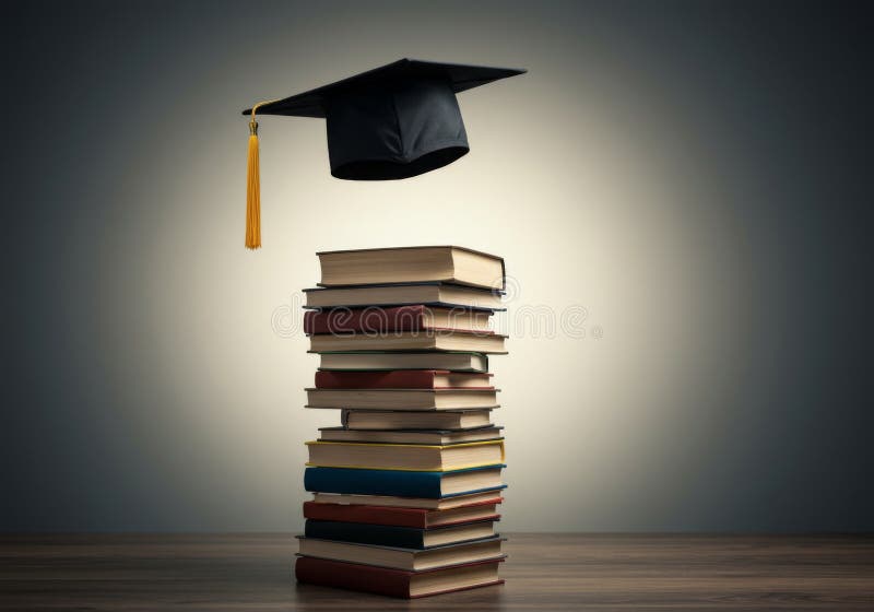 Graduation Cap Atop Stack of Books on Wooden Desk Stock Illustration ...
