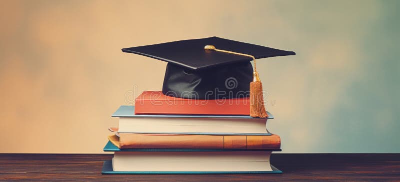 Graduation Cap Atop Stack of Books on Wooden Table Stock Image - Image ...