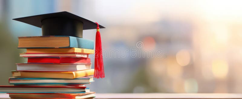 The Graduation Cap Atop a Stack of Colorful Books Symbolizes Academic ...
