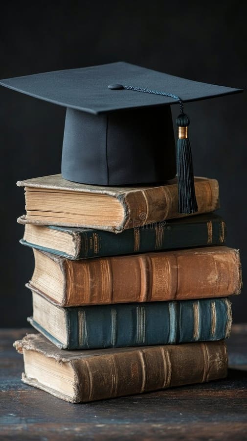 Graduation Cap Atop a Stack of Vintage Books in a Cozy Study Space ...