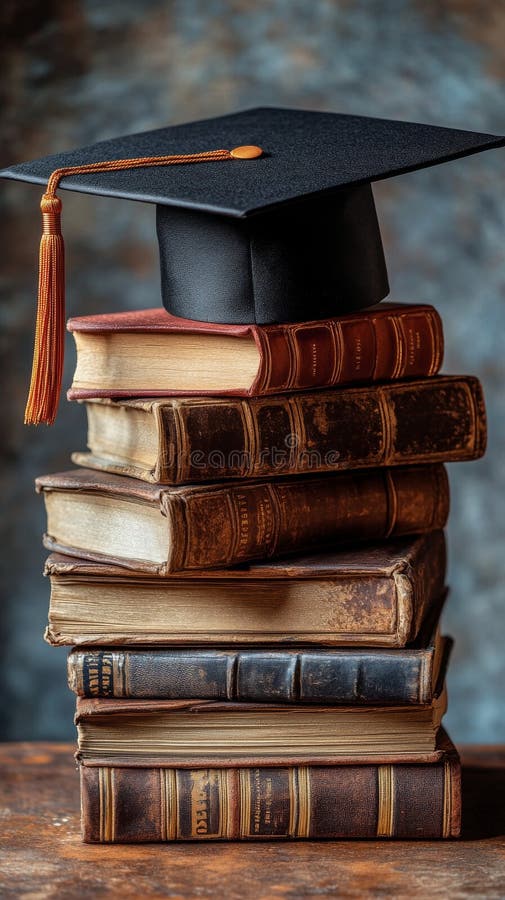 Graduation Cap Atop a Stack of Vintage Books in a Cozy Study Space ...