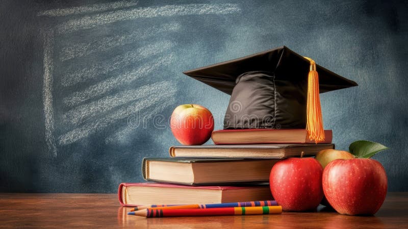 Graduation Cap Atop Stacked Books with Red Apples Present Stock ...