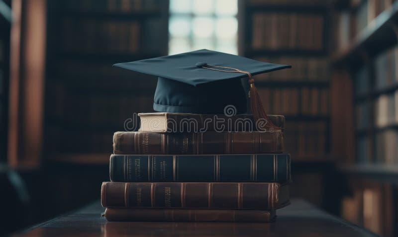 Graduation Cap Atop Vintage Books in Library Setting, Symbolizing ...