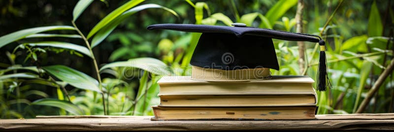 Graduation Cap on Book on Table Against Forest Backdrop for Academic ...