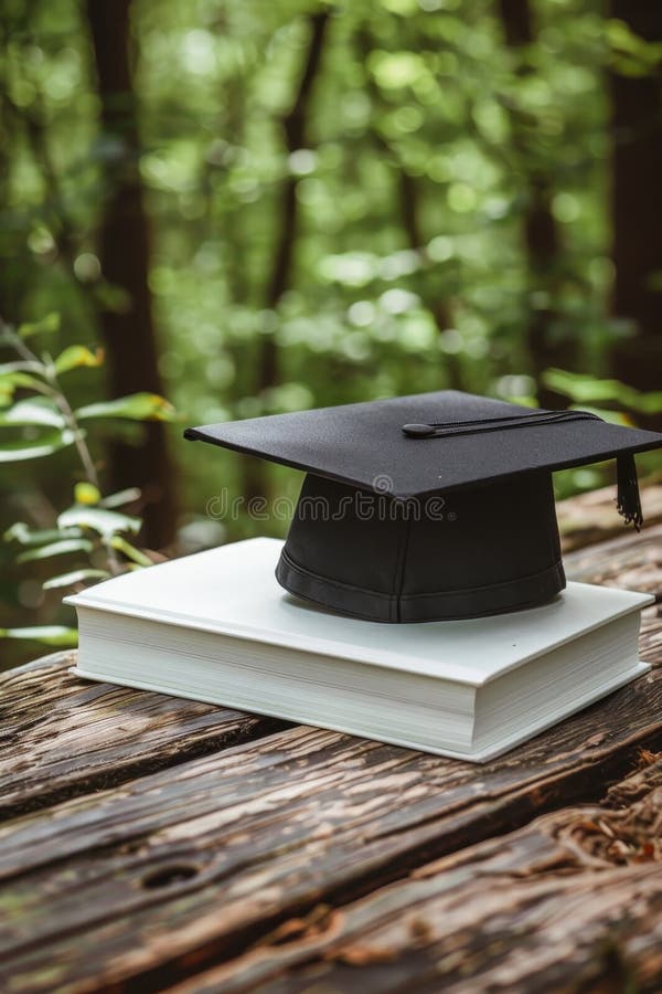 Graduation Cap on Book on Wooden Table in Forest Setting Representing ...