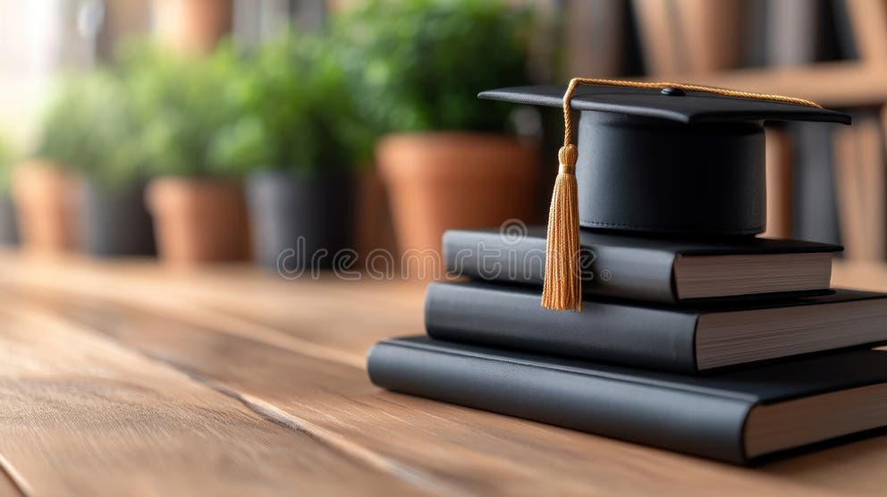 Graduation Cap on Books Celebrating E-Learning Success and Professional ...