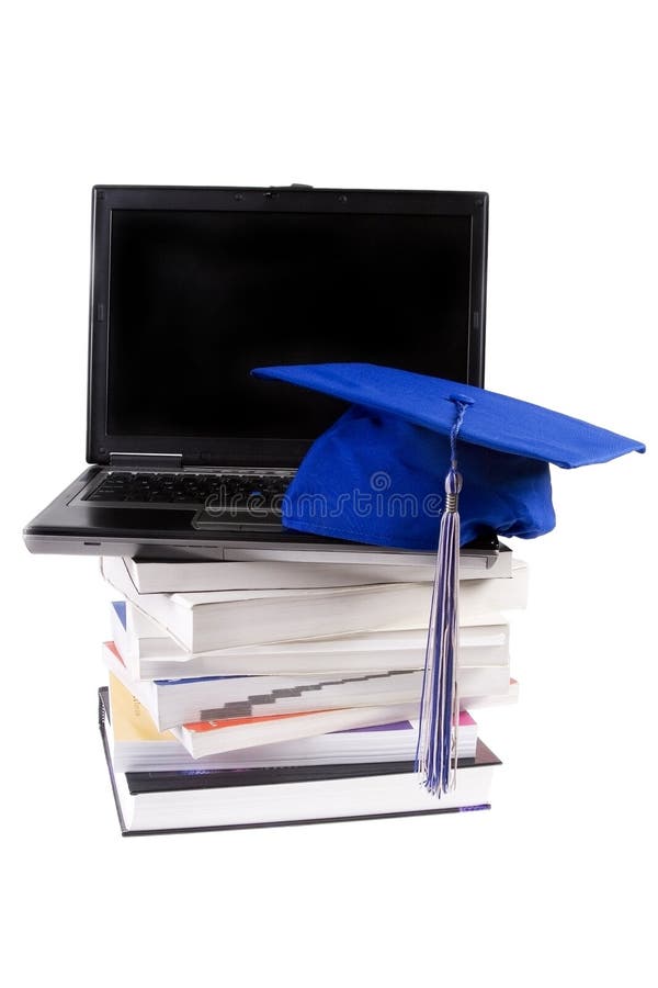Graduation Cap, Books and Computer Stock Image - Image of blue, book ...