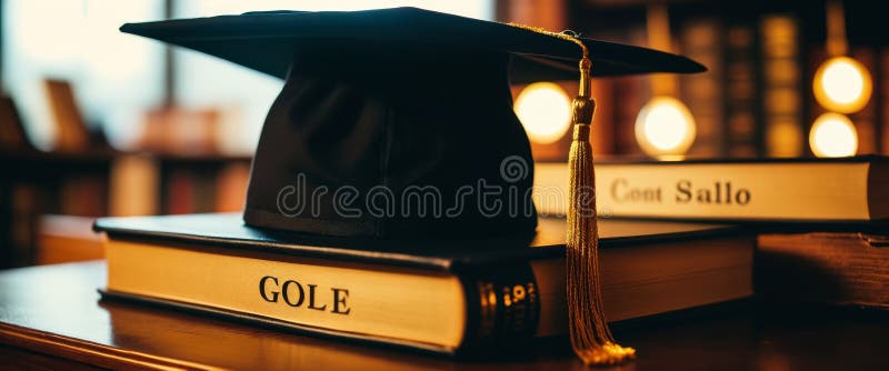 Graduation Cap on Books in Cozy Library Atmosphere Stock Image - Image ...