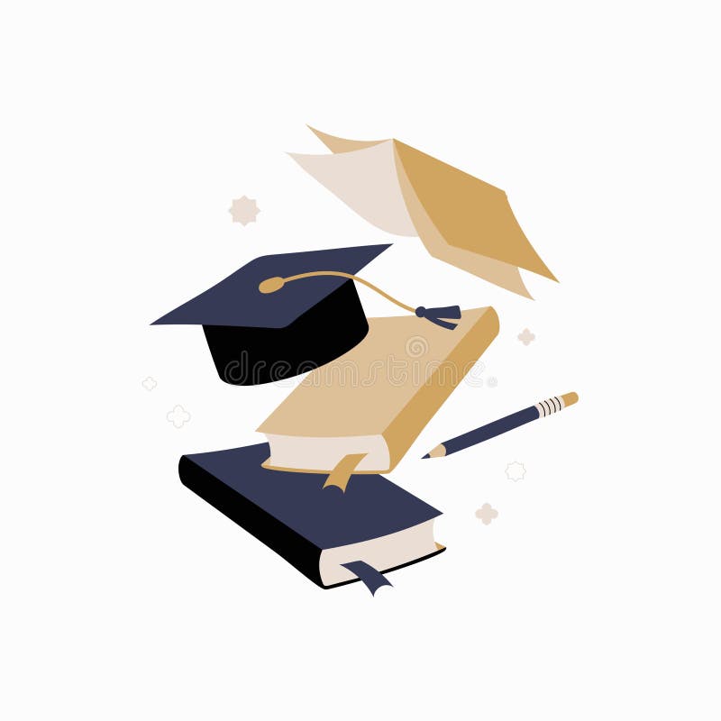 Graduation Cap with Books and Diploma in Flat Vector Illustration ...