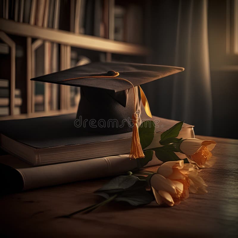 Graduation Cap, Books and Flowers on a Wooden Table in the Library ...