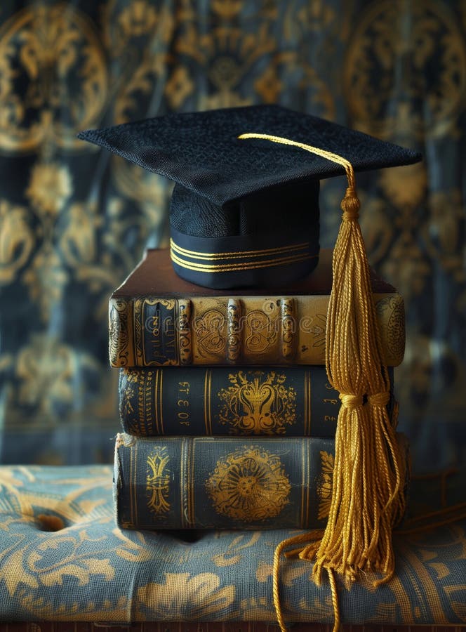 A Graduation Cap and Books with Golden Tassels on the Topand Books ...