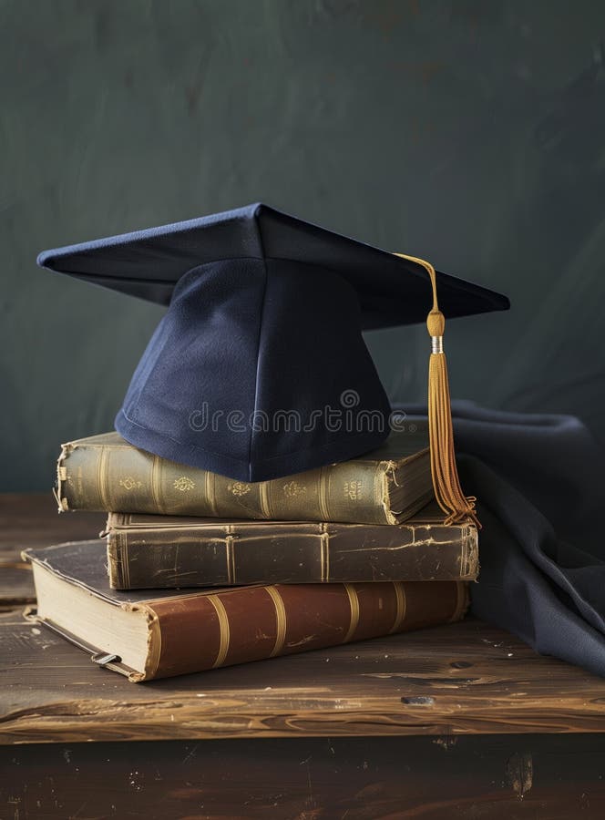 A Graduation Cap and Books with Golden Tassels on the Topand Books ...