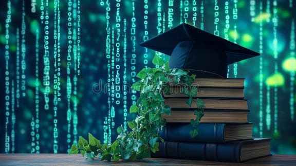 Graduation Cap Books Ivy and Digital Code Background Education Concept ...