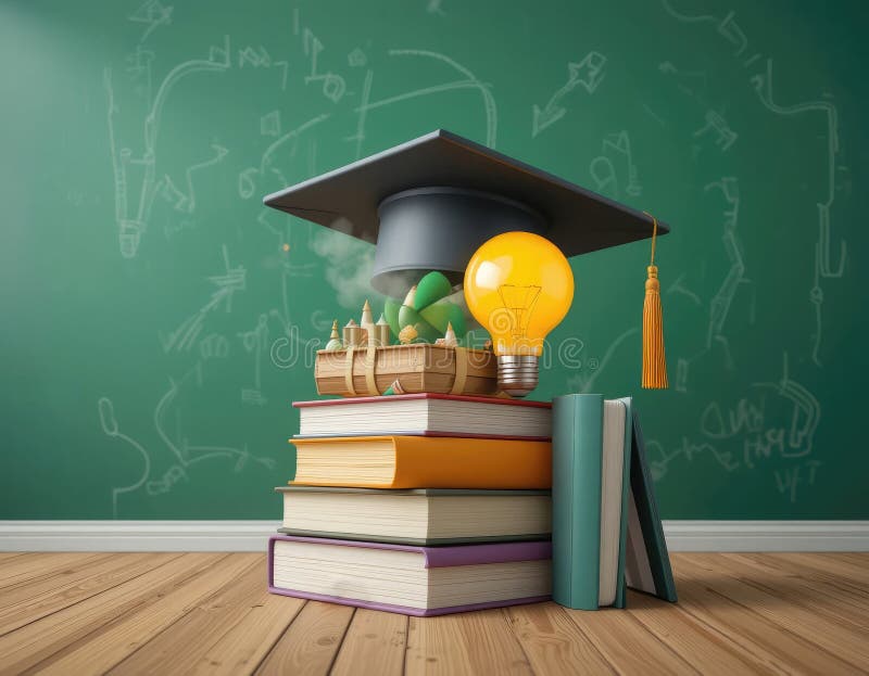 Graduation Cap on Books with Lightbulb Representing Knowledge and Ideas ...