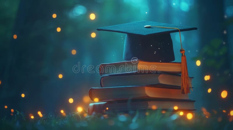 Graduation Cap on Books in a Magical Forest at Night Stock Illustration ...