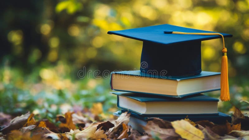 Graduation Cap and Books Resting on Autumn Leaves Stock Illustration ...