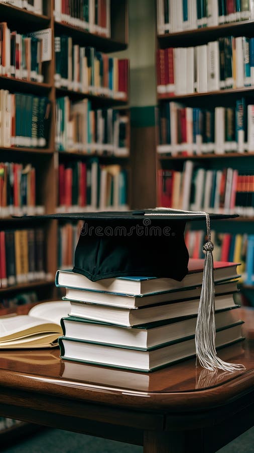 Graduation Cap on Books in Serene Library Setting Stock Illustration ...