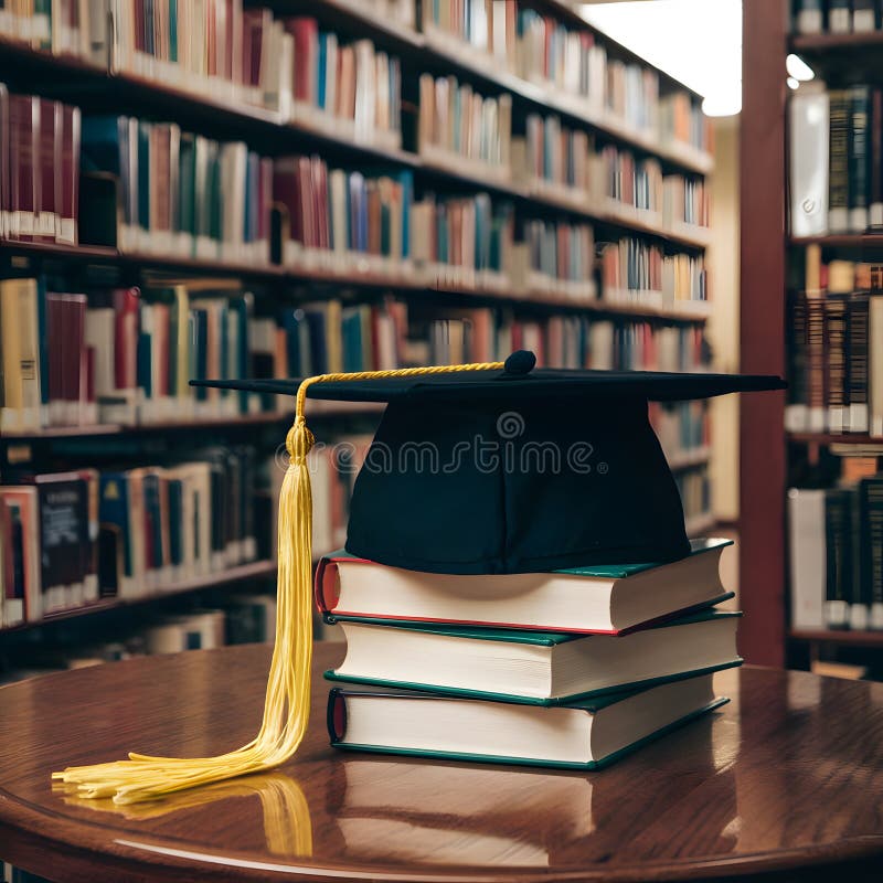 Graduation Cap on Books in Serene Library Setting Stock Illustration ...