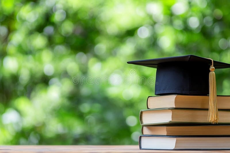 Graduation Cap and Books Stacked on a Wooden Surface with a Blurred ...