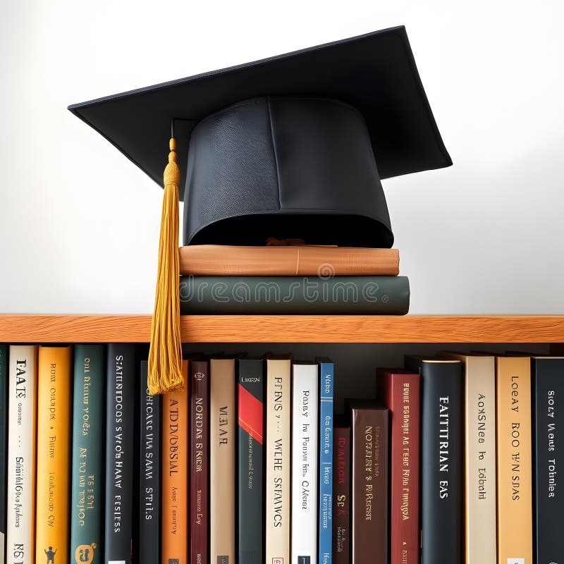 Graduation Cap on a Bookshelf Surrounded by Academic Texts Stock ...