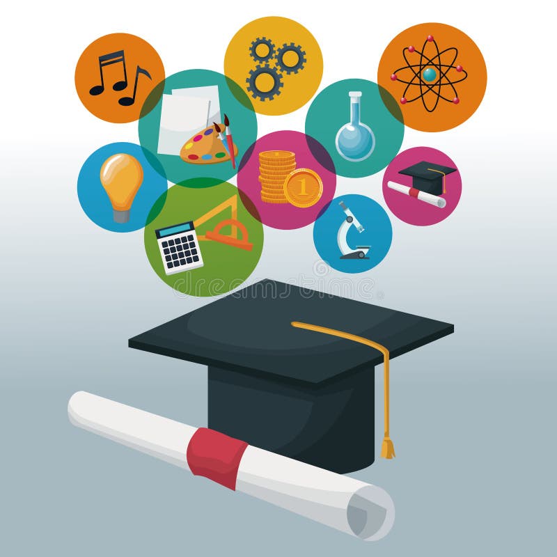 Graduation Cap and Certificate with Bubbles Icons Academic Knowledge ...